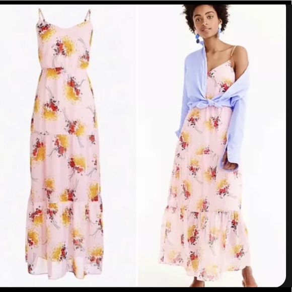 J. Crew | Dresses | J Crew Dress Pink Floral Tiered Maxi Flowy Spring ...